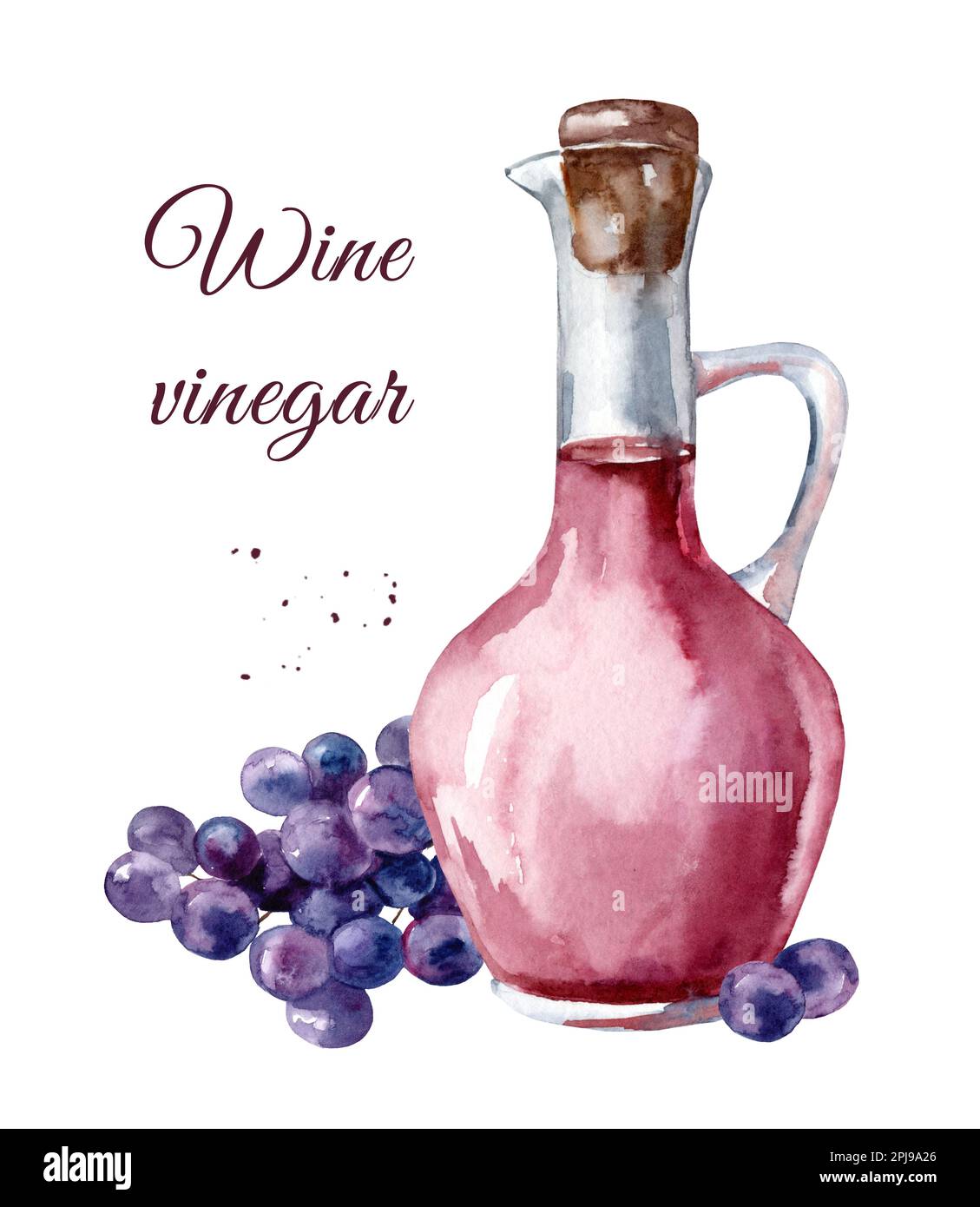 Jar with red wine vinegar. Watercolor hand drawn illustration, isolated ...