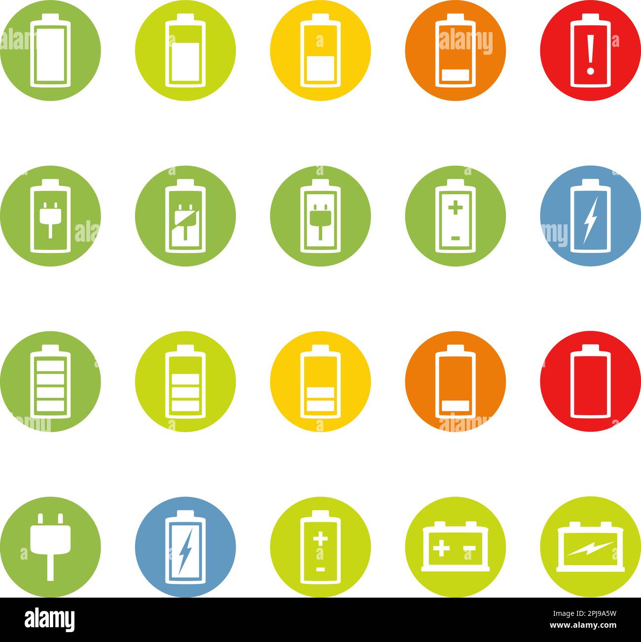 Colored circles with battery and accumulator icons, flat design, vector ...
