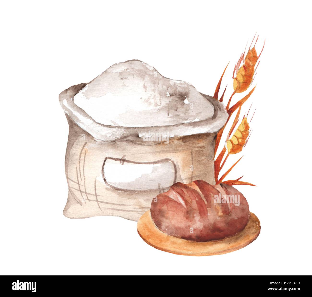 Watercolor illustration of a loaf of rye bread on a wooden cutting ...