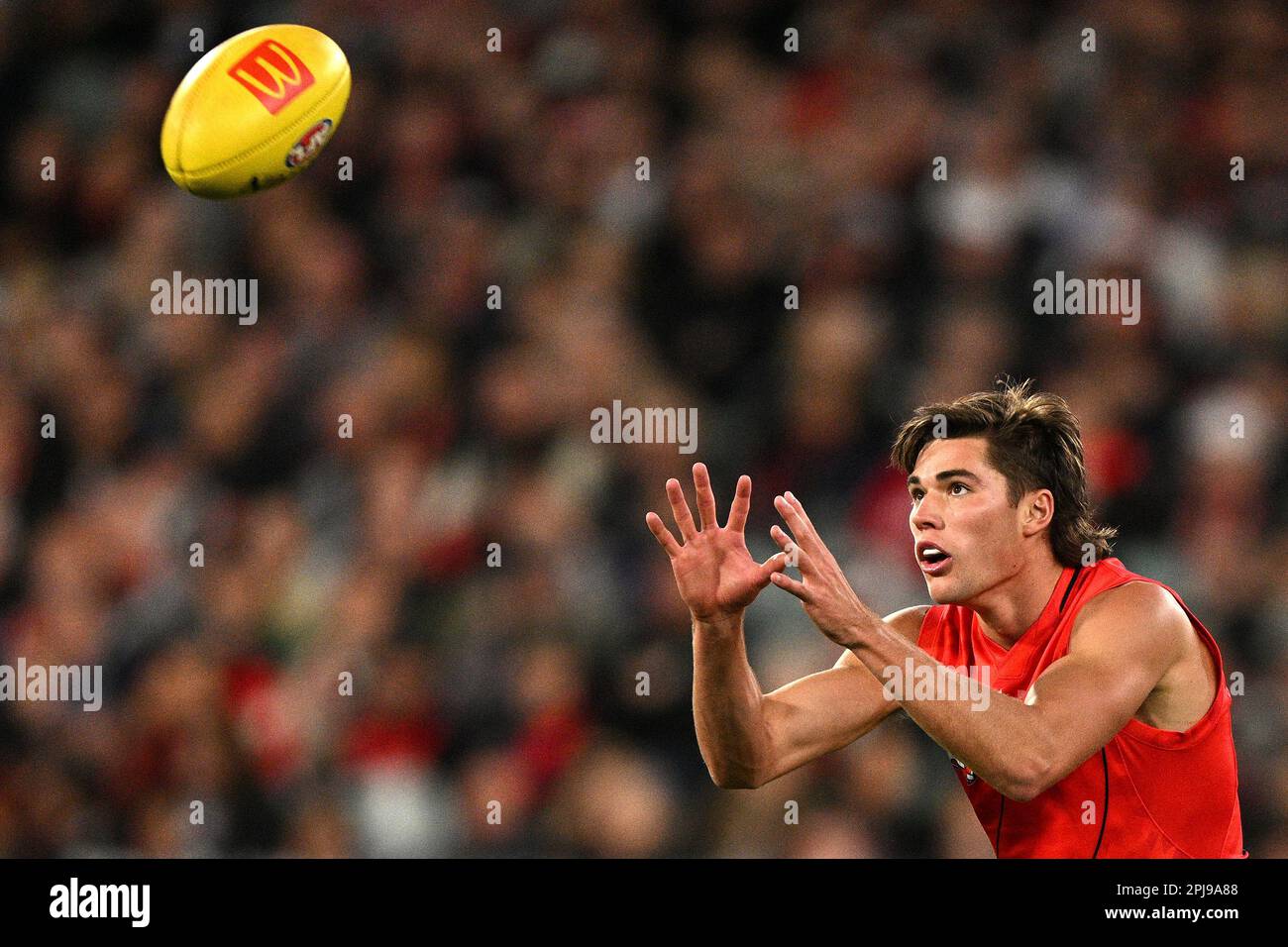 Sam Durham of the Bombers marks the ball during the AFL Round 3 match ...