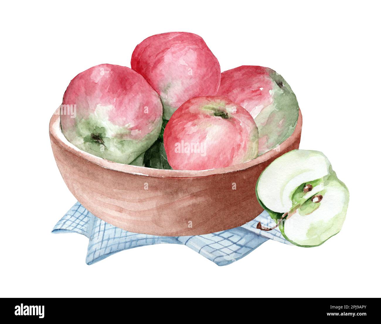 Wooden bowl with red apples. watercolor hand drawn illustration Stock ...