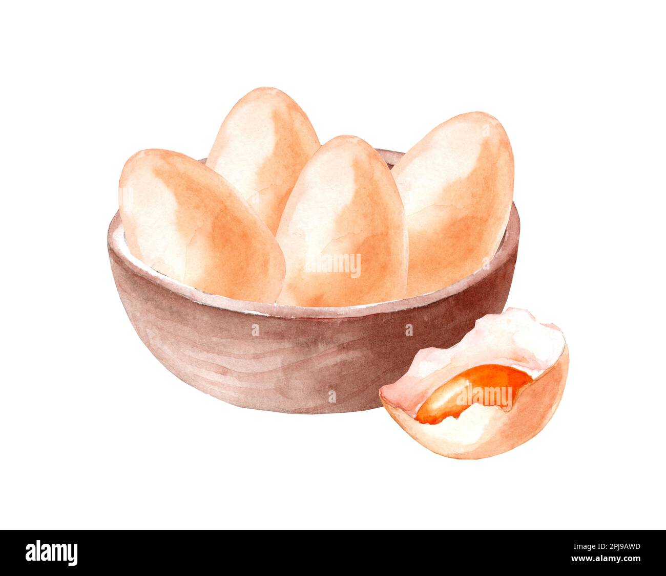 Chicken raw eggs in a wooden bowl. Watercolor hand drawn illustration ...