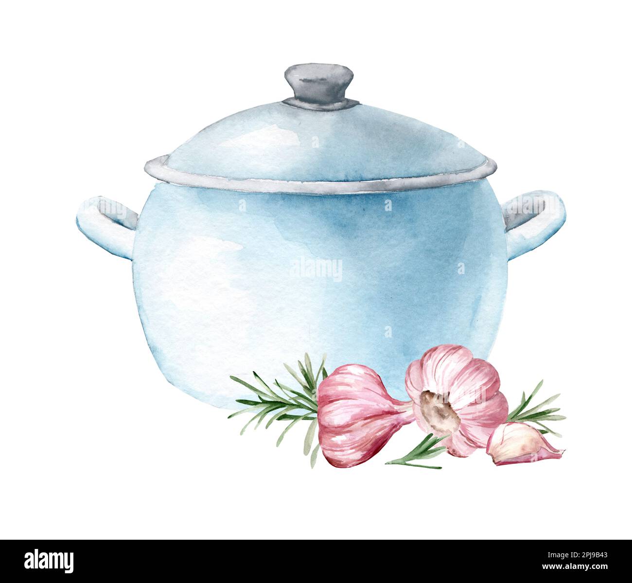 Frying pan with broth and fresh rosemary and garlic. Watercolor hand ...