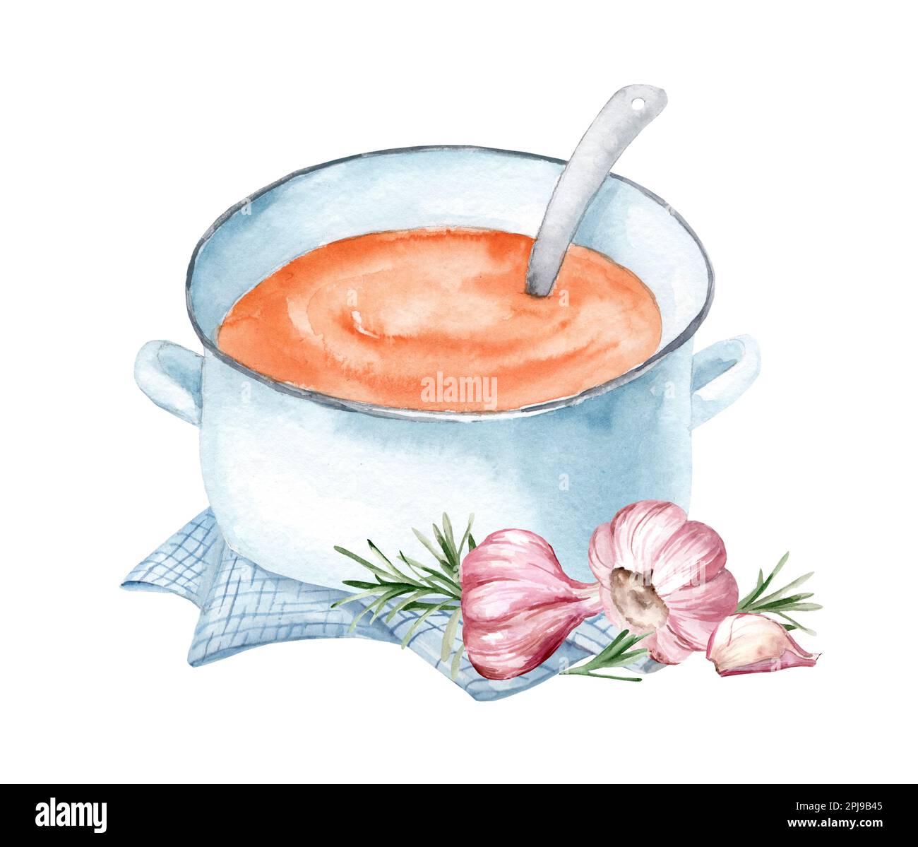 Frying pan with broth and fresh rosemary and garlic. Watercolor hand ...