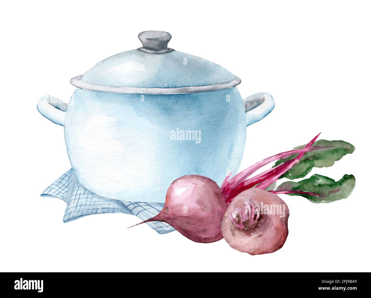 Frying pan with broth and fresh vegetables. Watercolor hand drawn ...