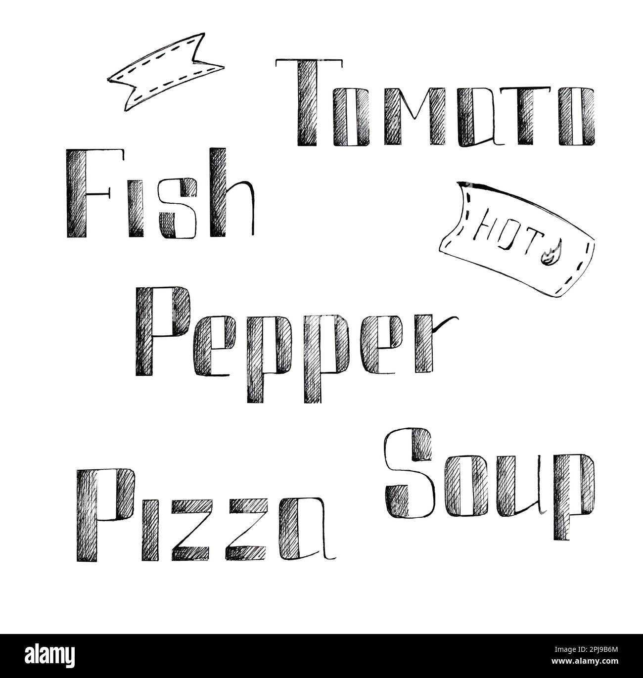 Lettering with graphic materials. Menu labels. Pizza, tomato, pepper ...