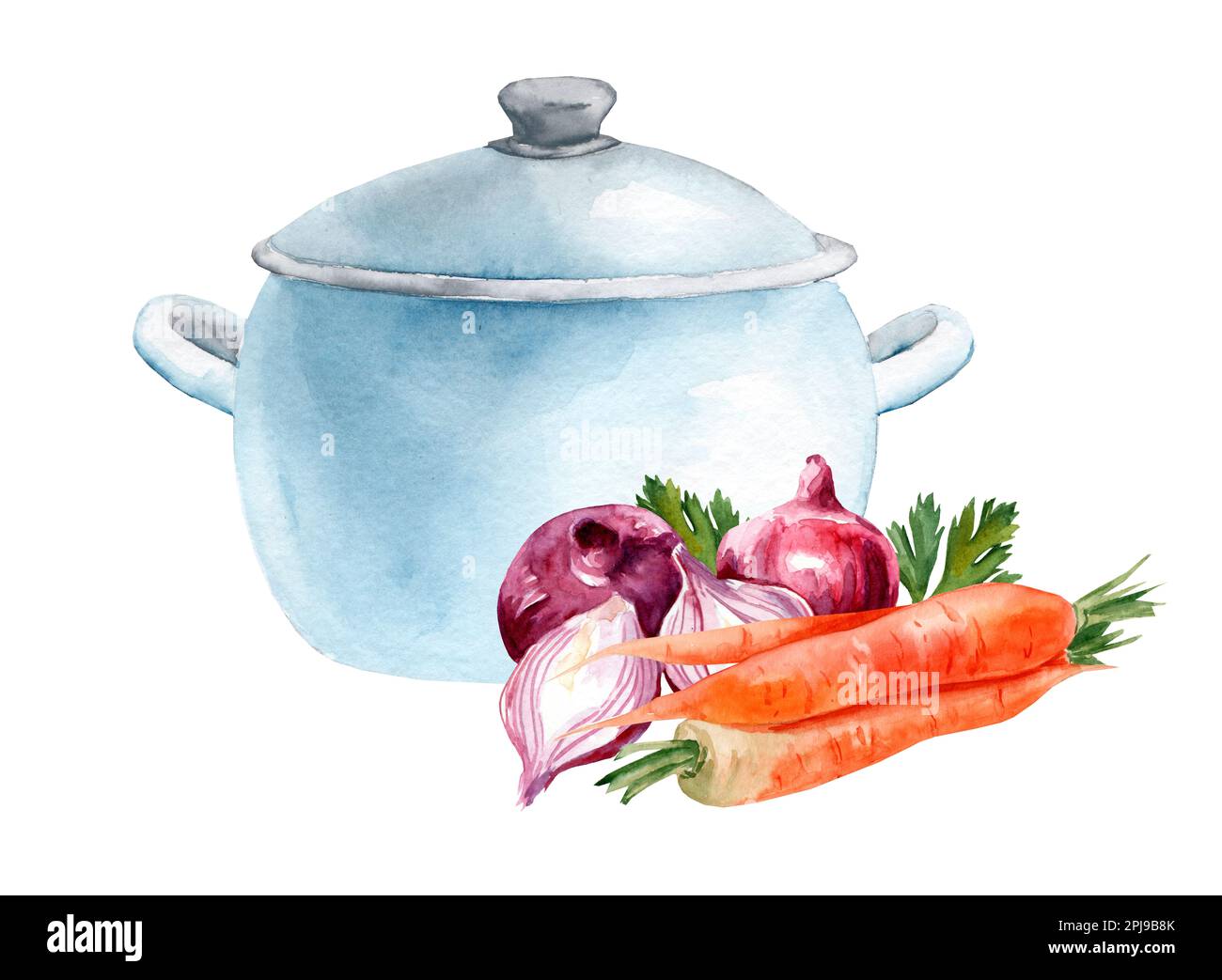 Pan with broth and fresh vegetables onions, carrots and greens ...