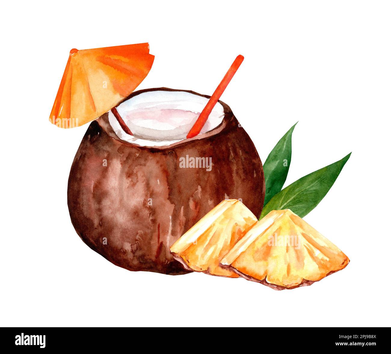 Pina colada cocktail. Watercolor hand drawn illustration, isolated on ...