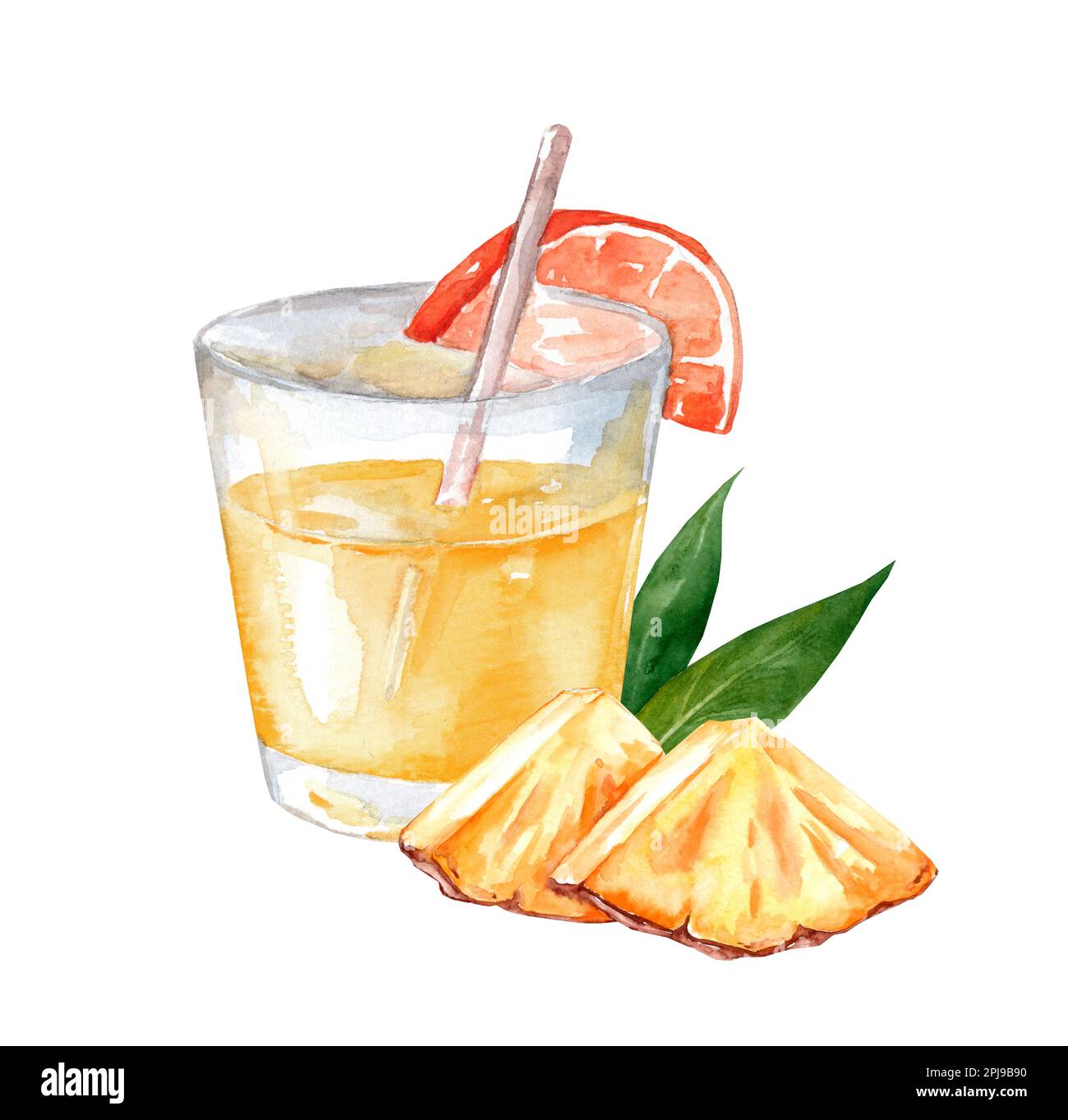 Pina colada cocktail. Watercolor hand drawn illustration, isolated on ...
