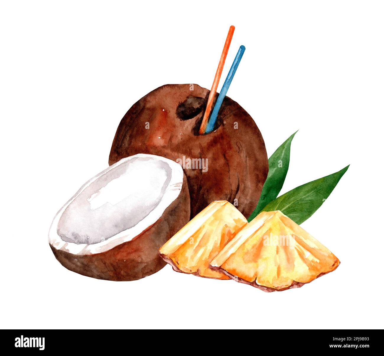 Pina colada cocktail. Watercolor hand drawn illustration, isolated on ...