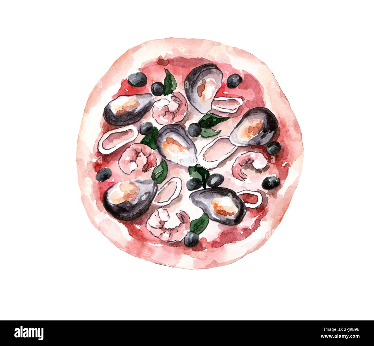 Watercolor illustration. Pizza with seafood on a white plate. Italian ...