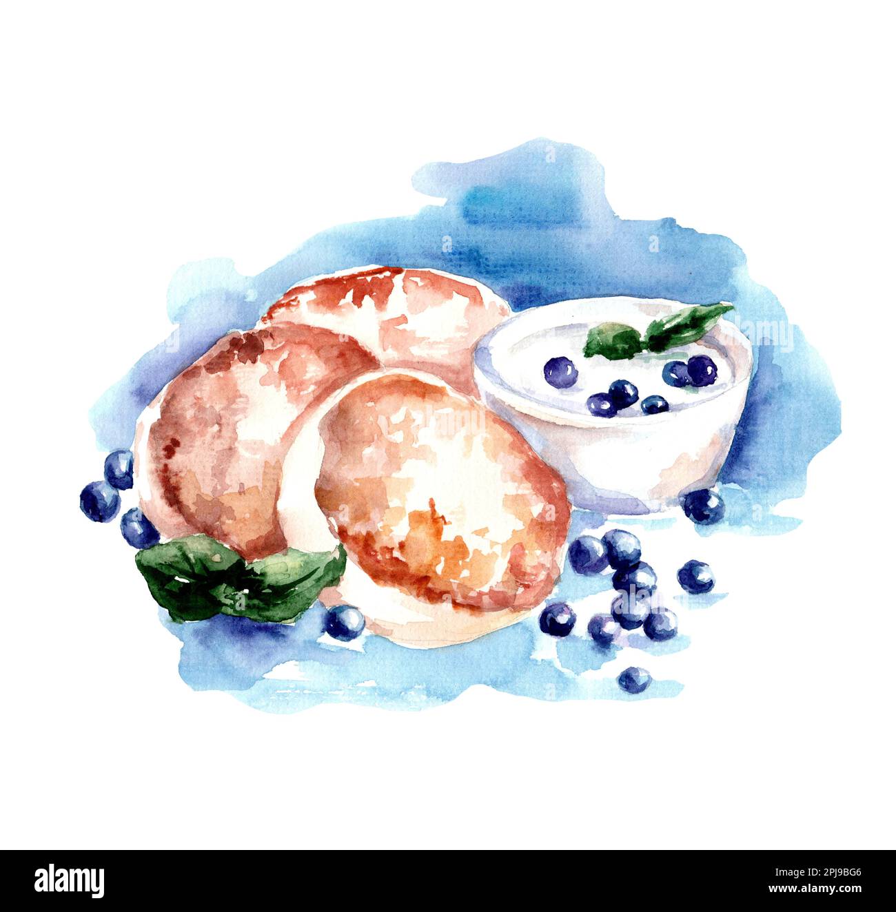 Watercolor illustration of cheese cakes with fresh blueberries. Healthy ...