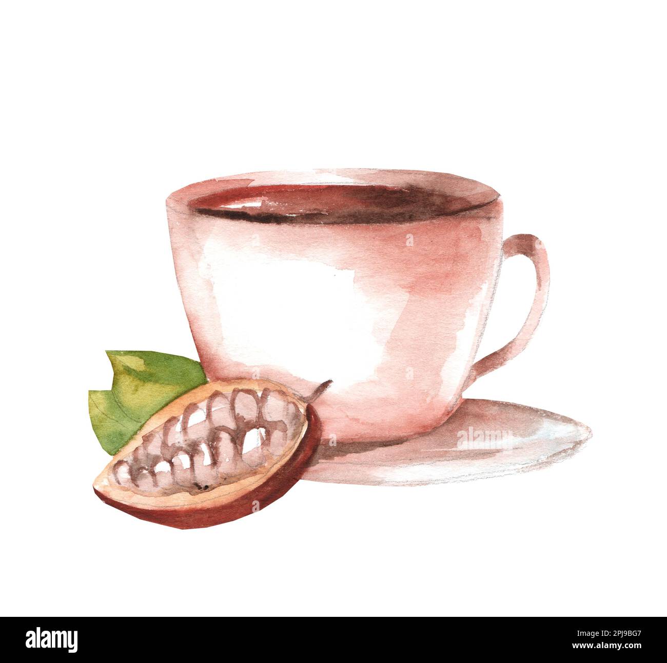 Watercolor illustration of cocoa beans and mug with hot cocoa isolated ...