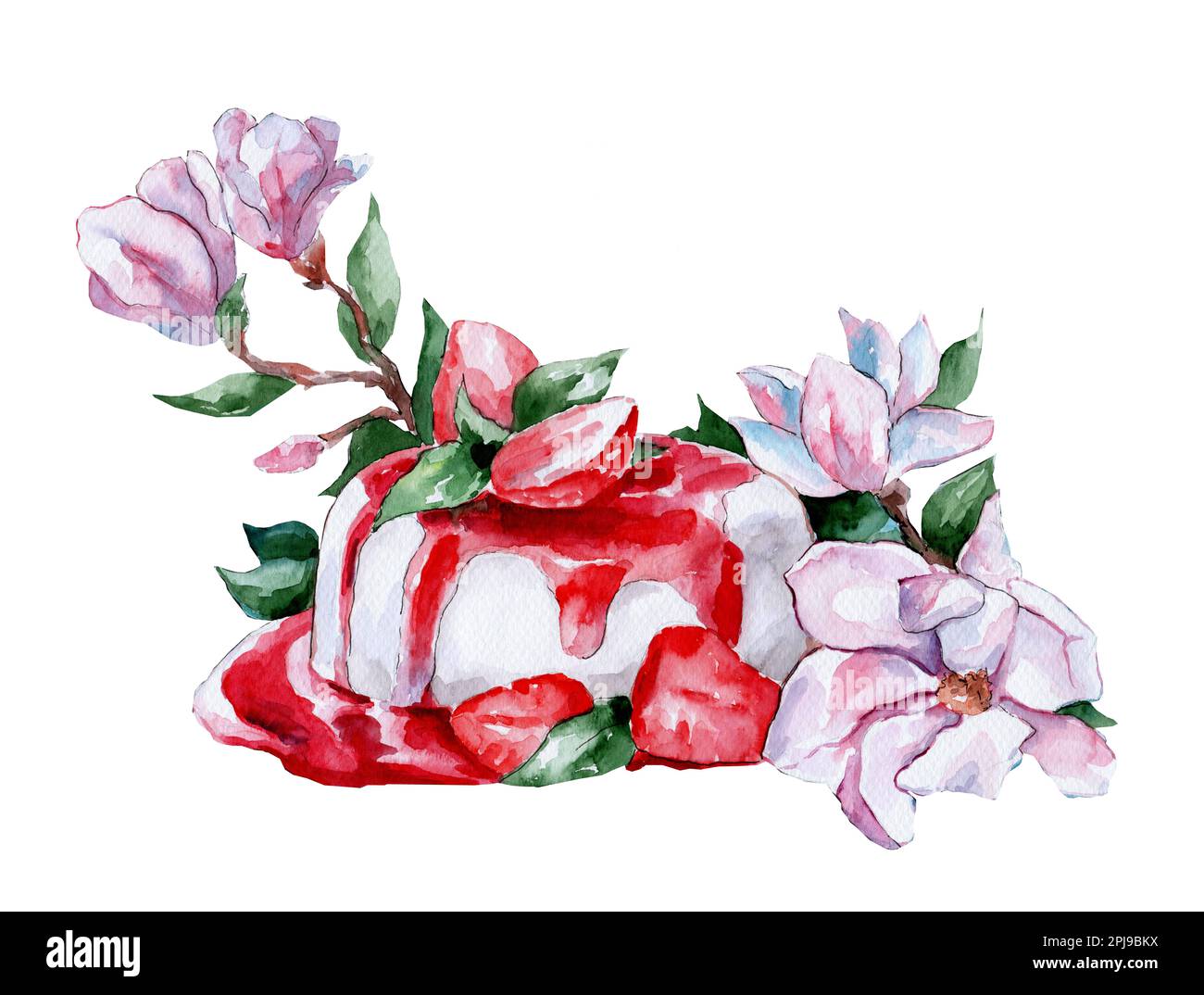 Watercolor illustration of soufflé with strawberry syrup and pink ...