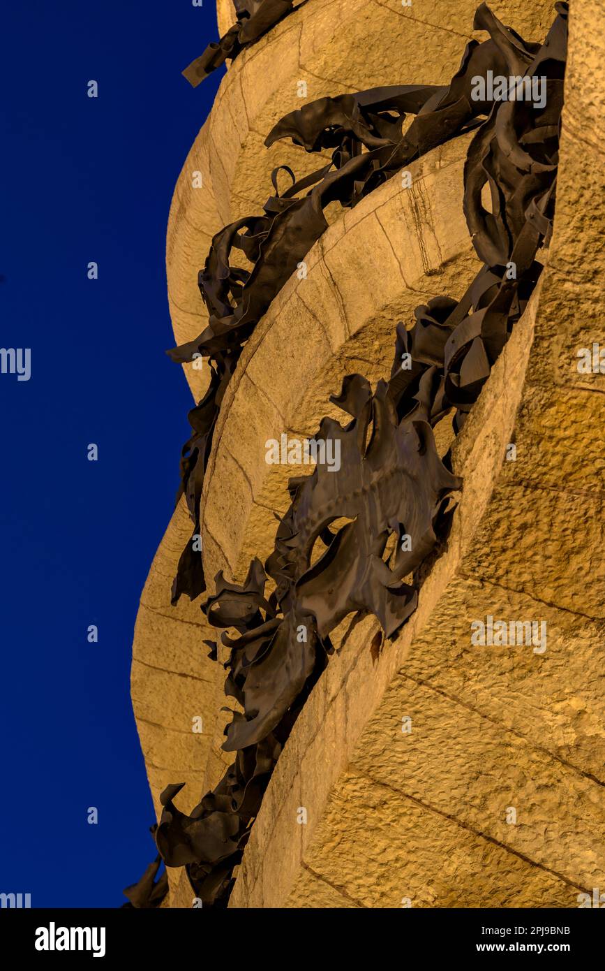 Facade of La Pedrera (Casa Milà) at twilight and night, a work of ...