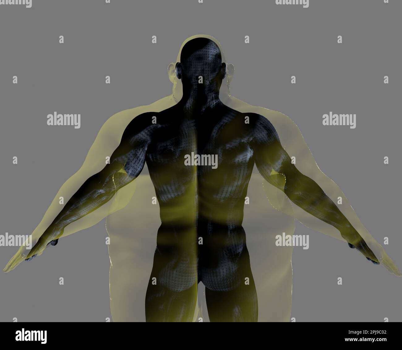 3D render. Athletic man inside an obese body on a gray background Stock ...