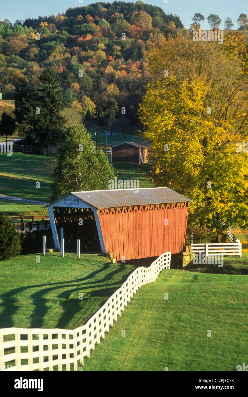 WHITE WOODEN FENCE HARMON COVERED BRIDGE PLUM CREEK INDIANA COUNTY ...