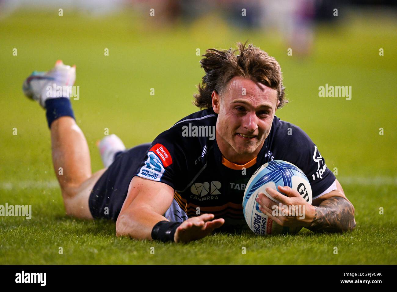 Corey Toole of the Brumbies scores a try during the Super Rugby Pacific ...