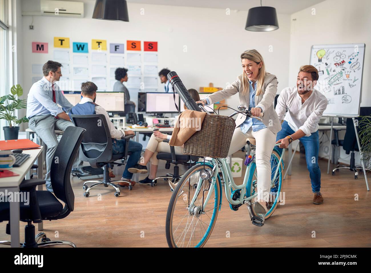 Environmentally focused workplace with cheerful employees concept ...