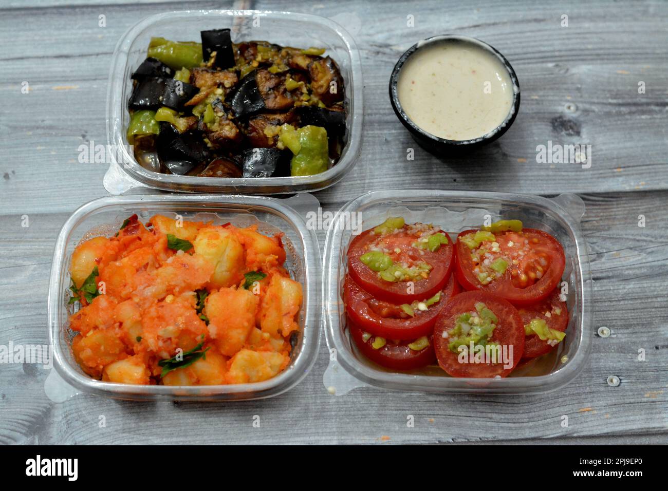 Egyptian pickled eggplant aubergine and green pepper, pickled potatoes ...