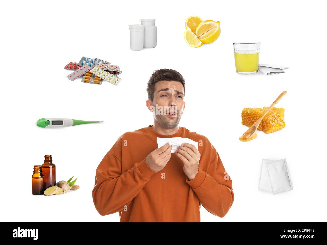 SIck man surrounded by different drugs and products for illness ...