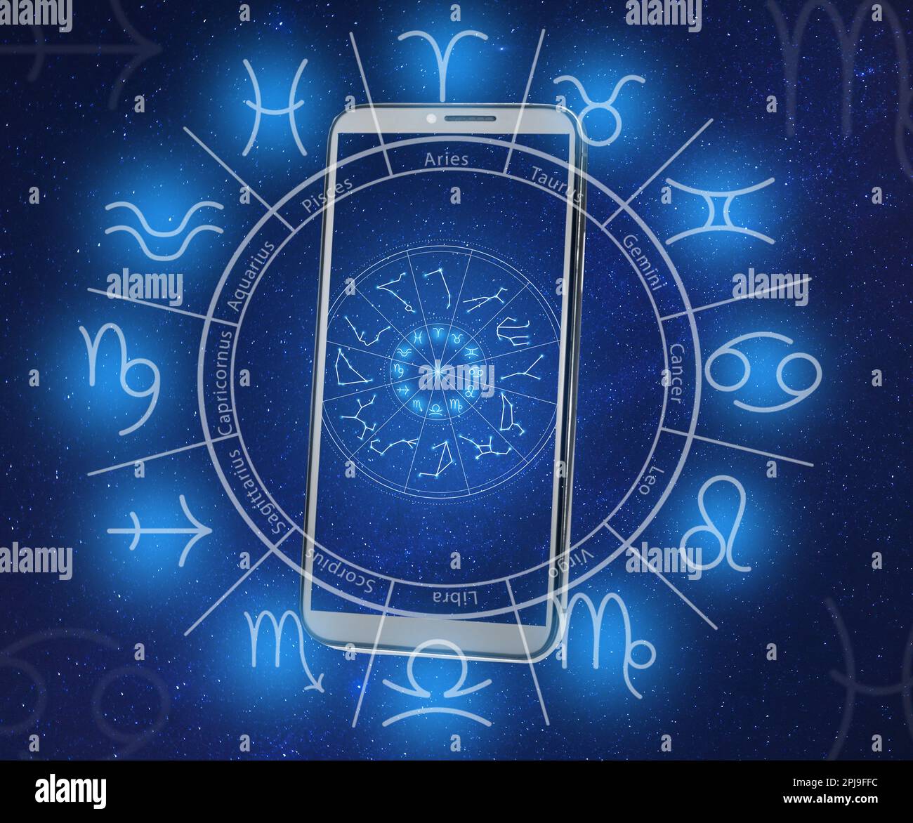 Multiple Exposure Of Modern Smartphone Night Sky And Zodiac Wheel
