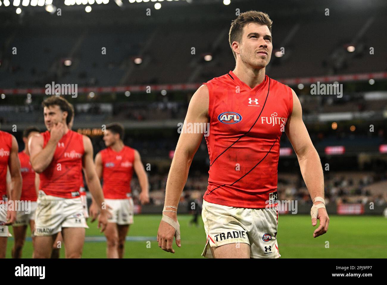 Zach Merrett of the Bombers reacts following the AFL Round 3 match ...