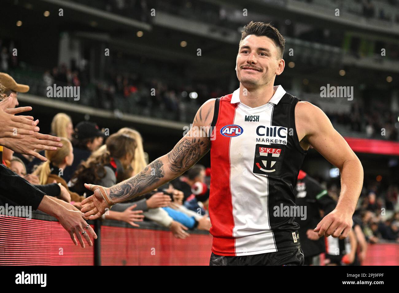 Josh Battle of the Saints celebrates following the AFL Round 3 match ...