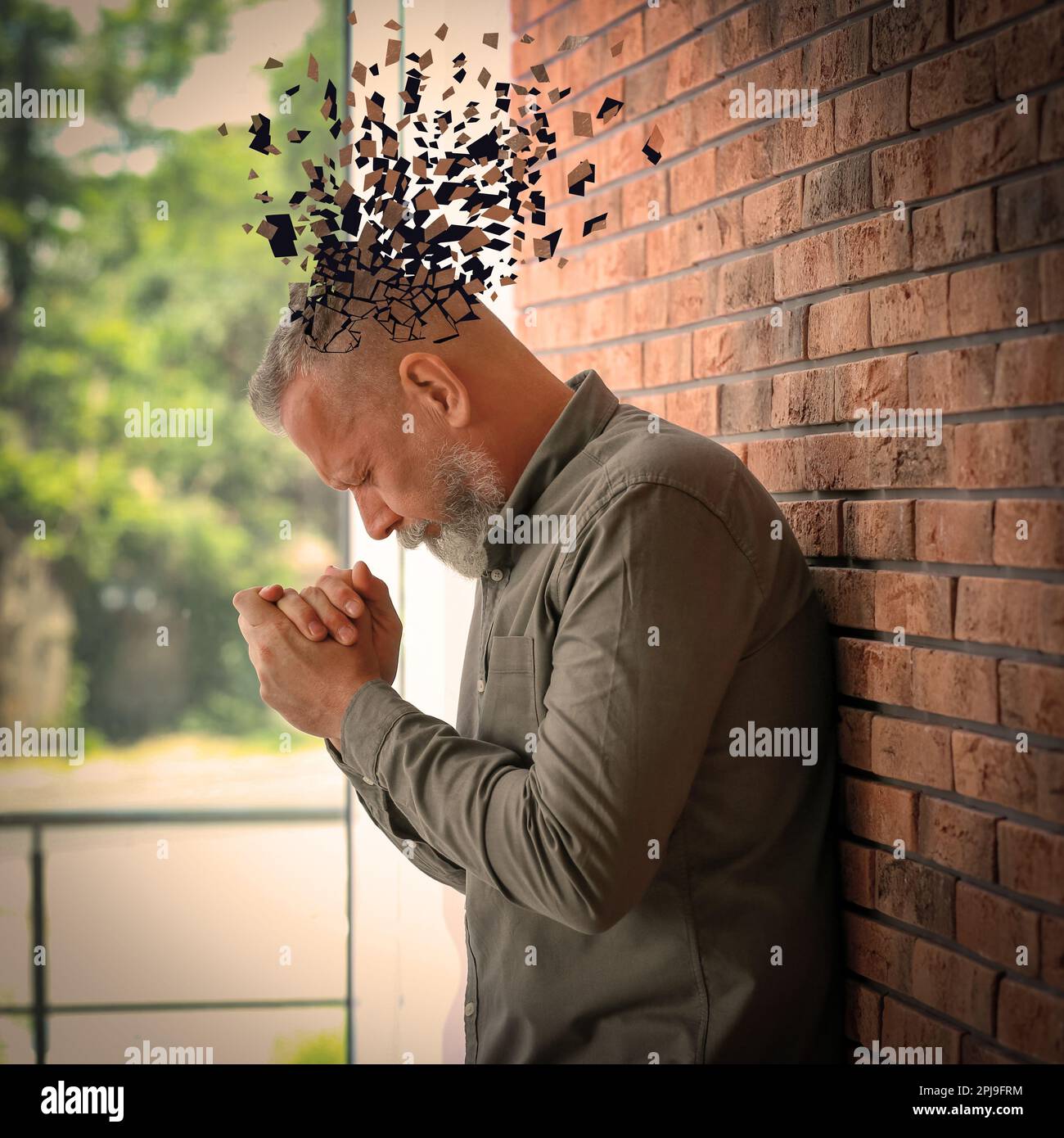 Senior man suffering from dementia indoors. Illustration of head ...