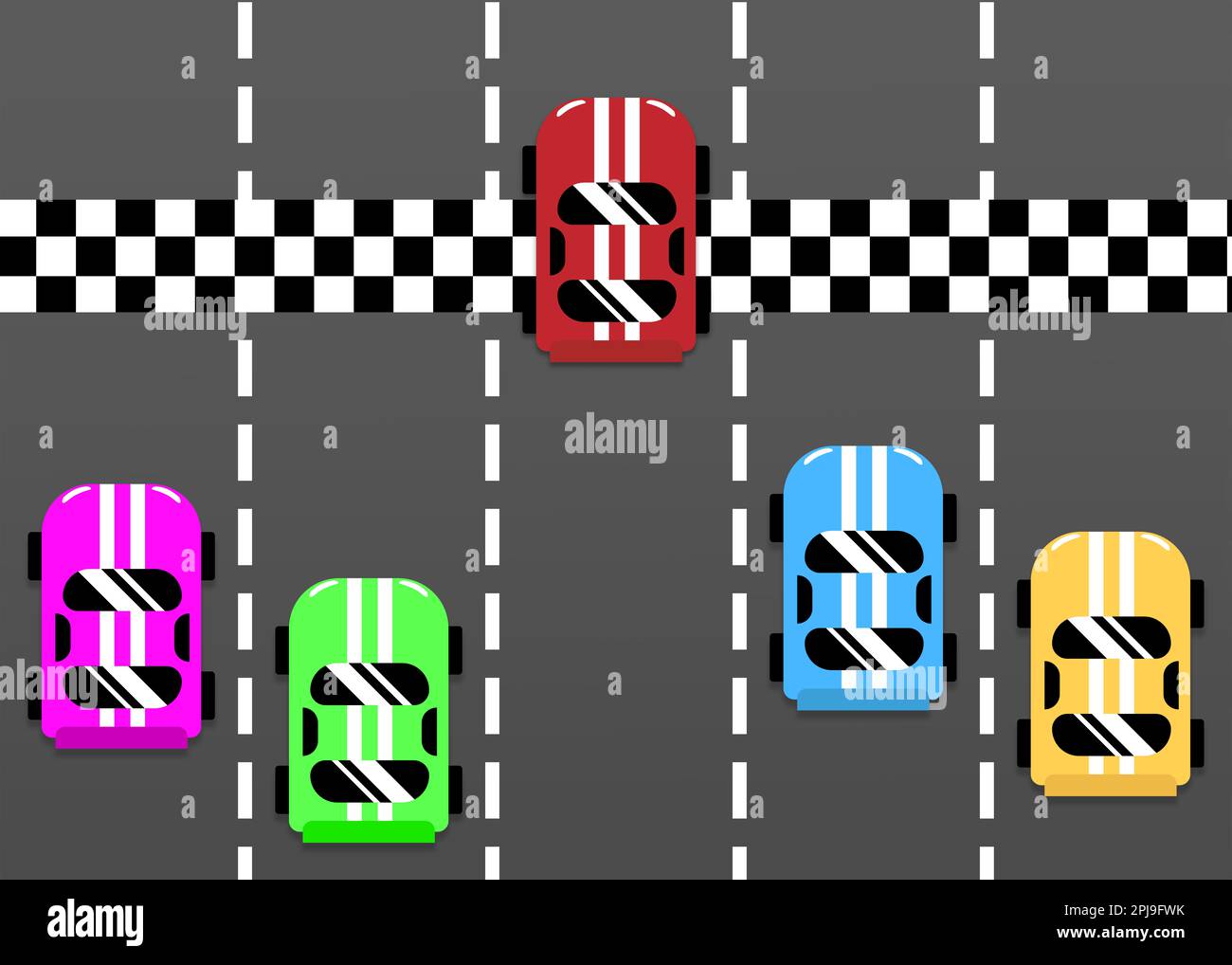Competition concept. Racing cars near finishing line and red one ...