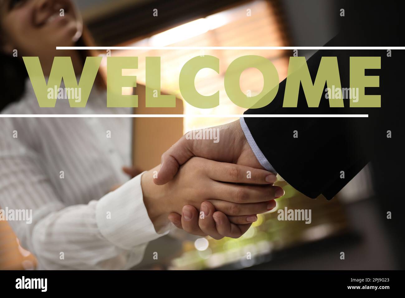 Welcome to team. Employee shaking hands with intern in office, closeup ...