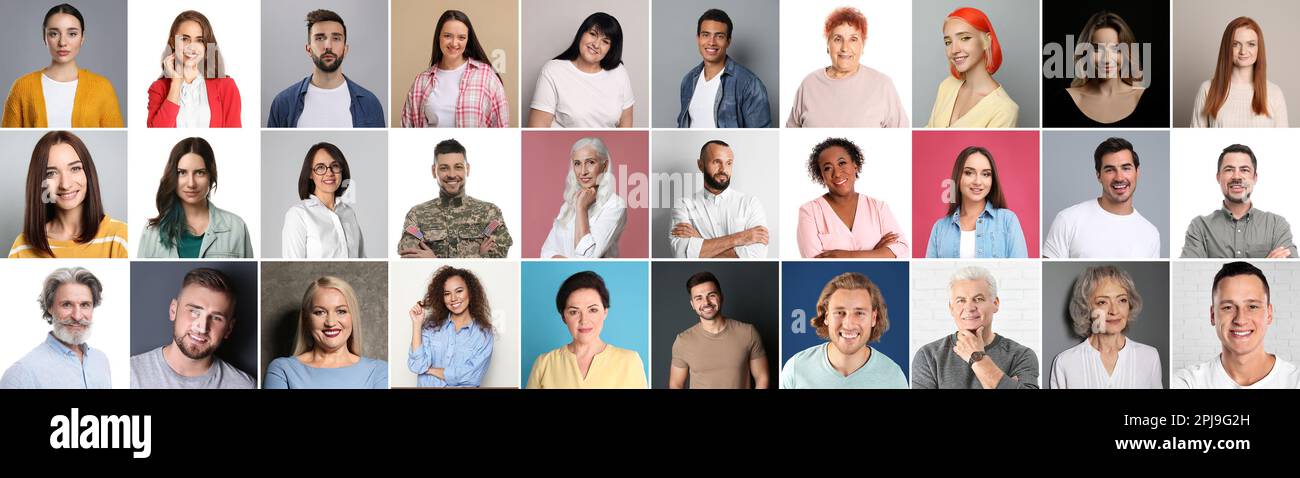 Collage with photos of attractive people on different color backgrounds ...