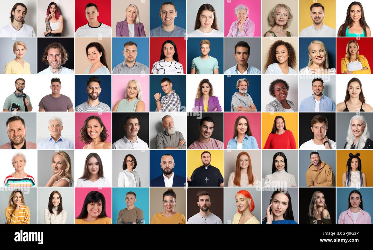Collage with photos of happy attractive people on different color ...