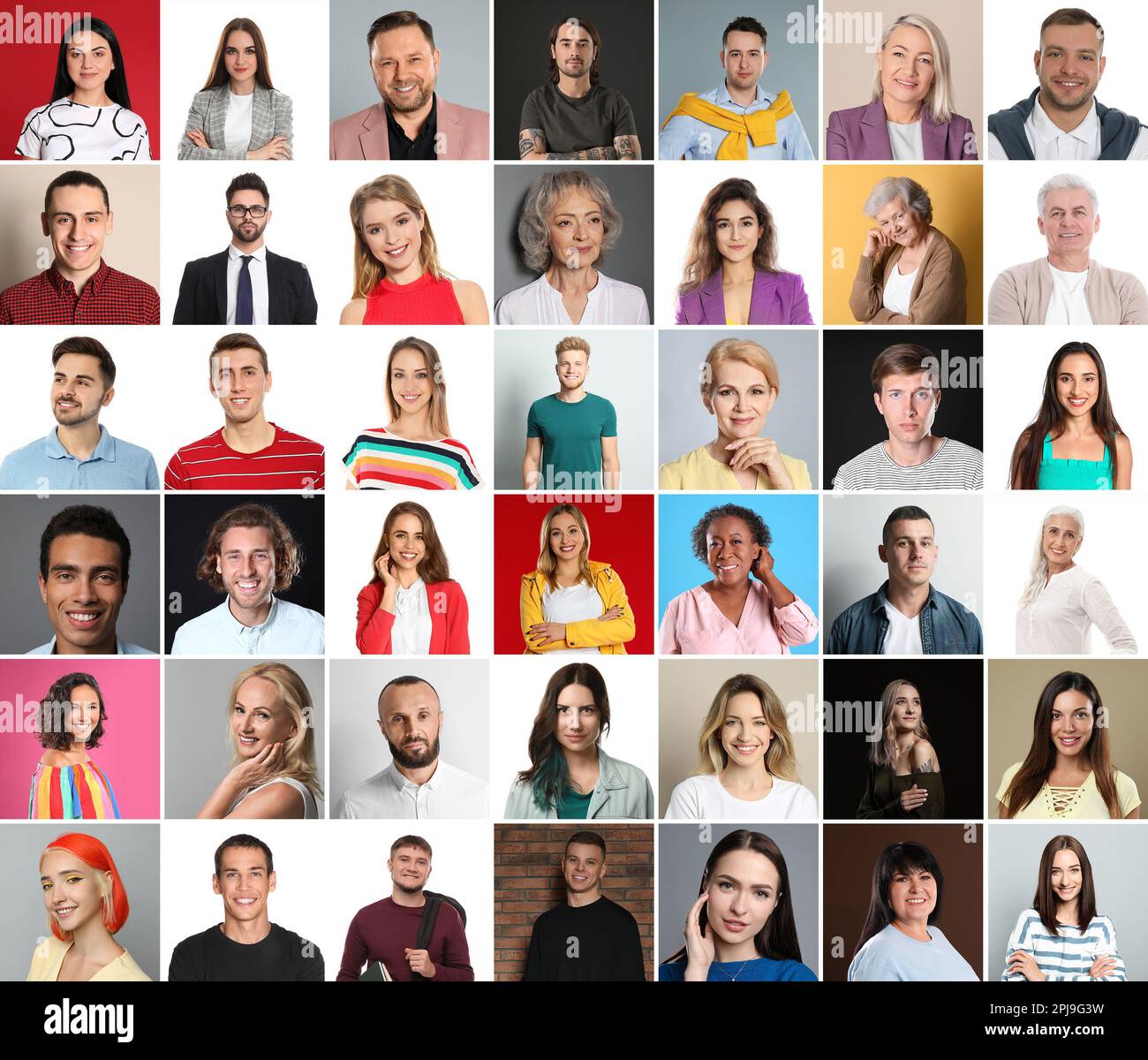 Collage with photos of attractive people on different color backgrounds ...