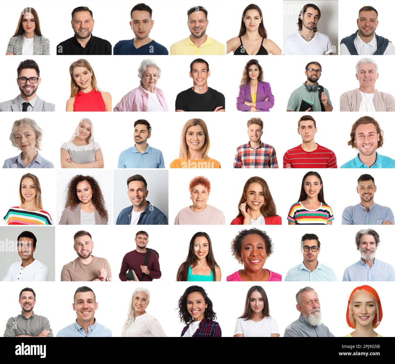 Collage with photos of happy attractive people on white background ...