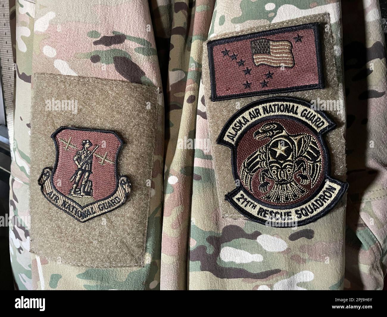 This March 28, 2023, photo shows Alaska National Guard patches on a ...