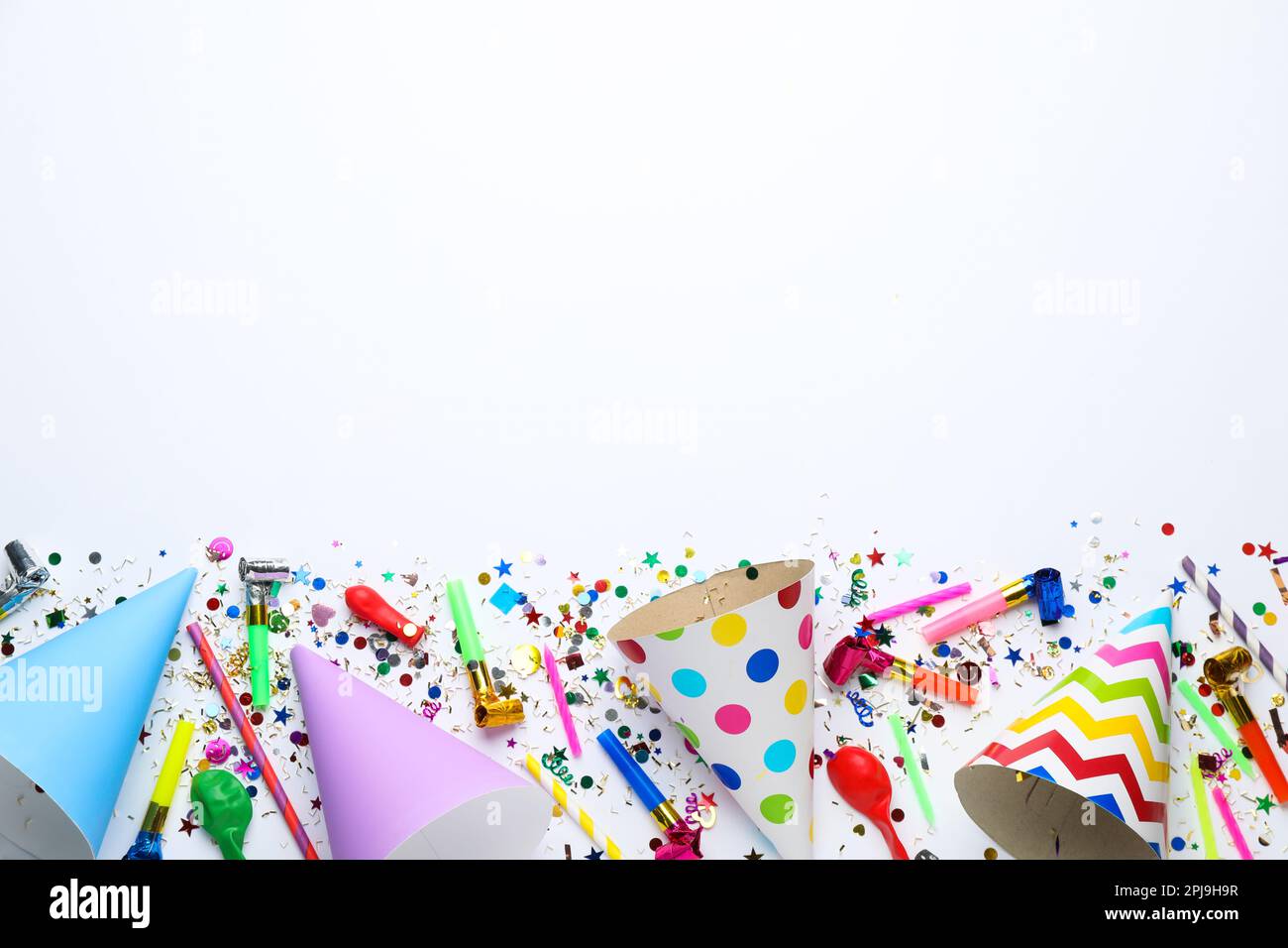 Beautiful flat lay composition with festive items on white background ...