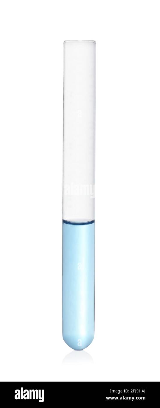 Test tube with light blue liquid isolated on white Stock Photo - Alamy