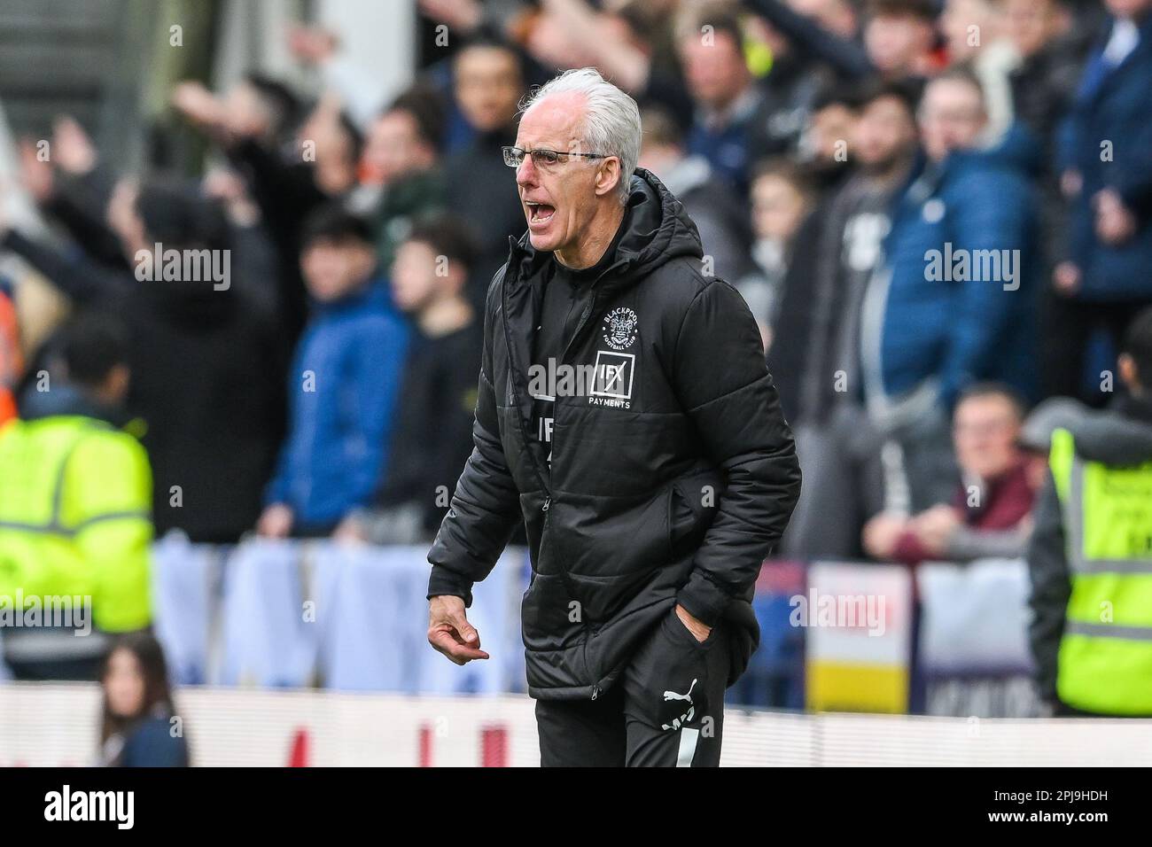 Mick McCarthy Manager of Blackpool gives his team instructions during ...