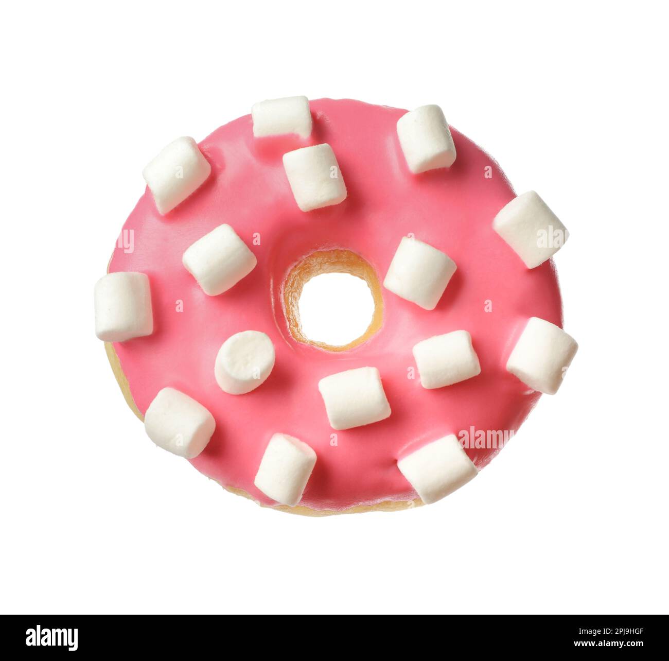 Sweet tasty glazed donut decorated with marshmallows isolated on white ...