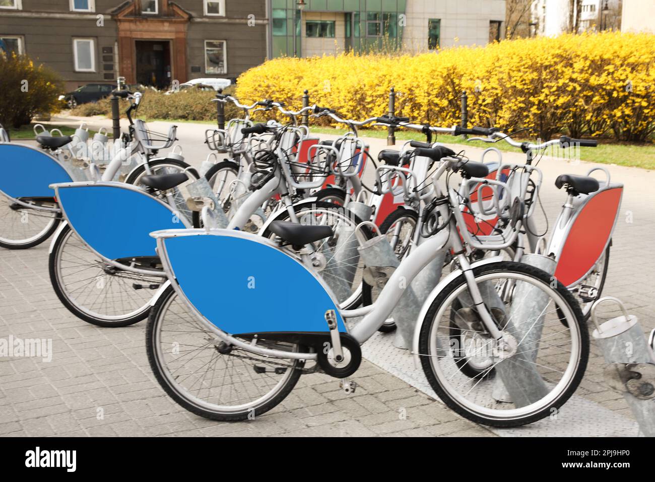 Parking rack with many bicycles outdoors. Bike rental Stock Photo - Alamy