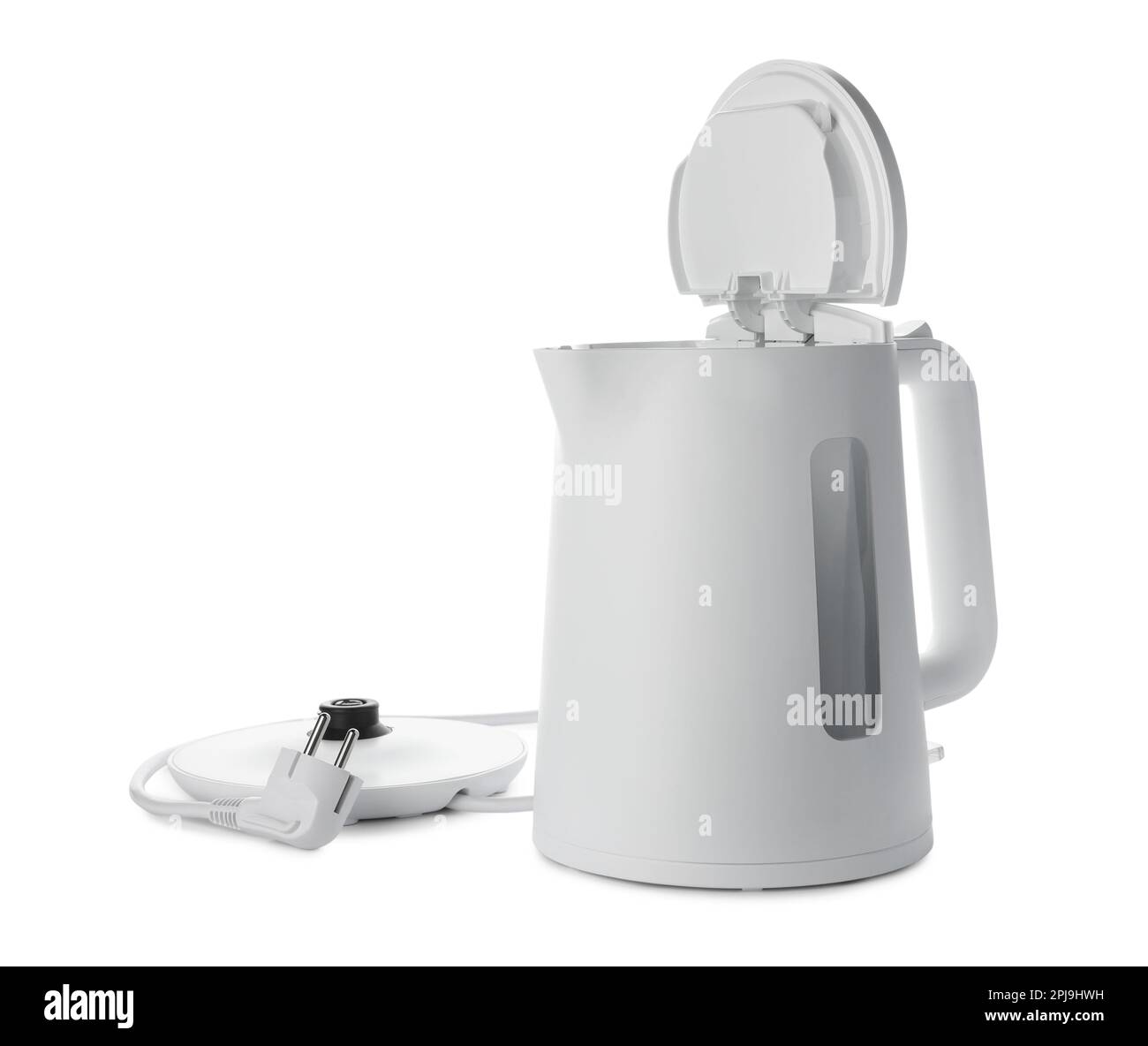 Modern electric kettle with base and plug isolated on white Stock Photo ...