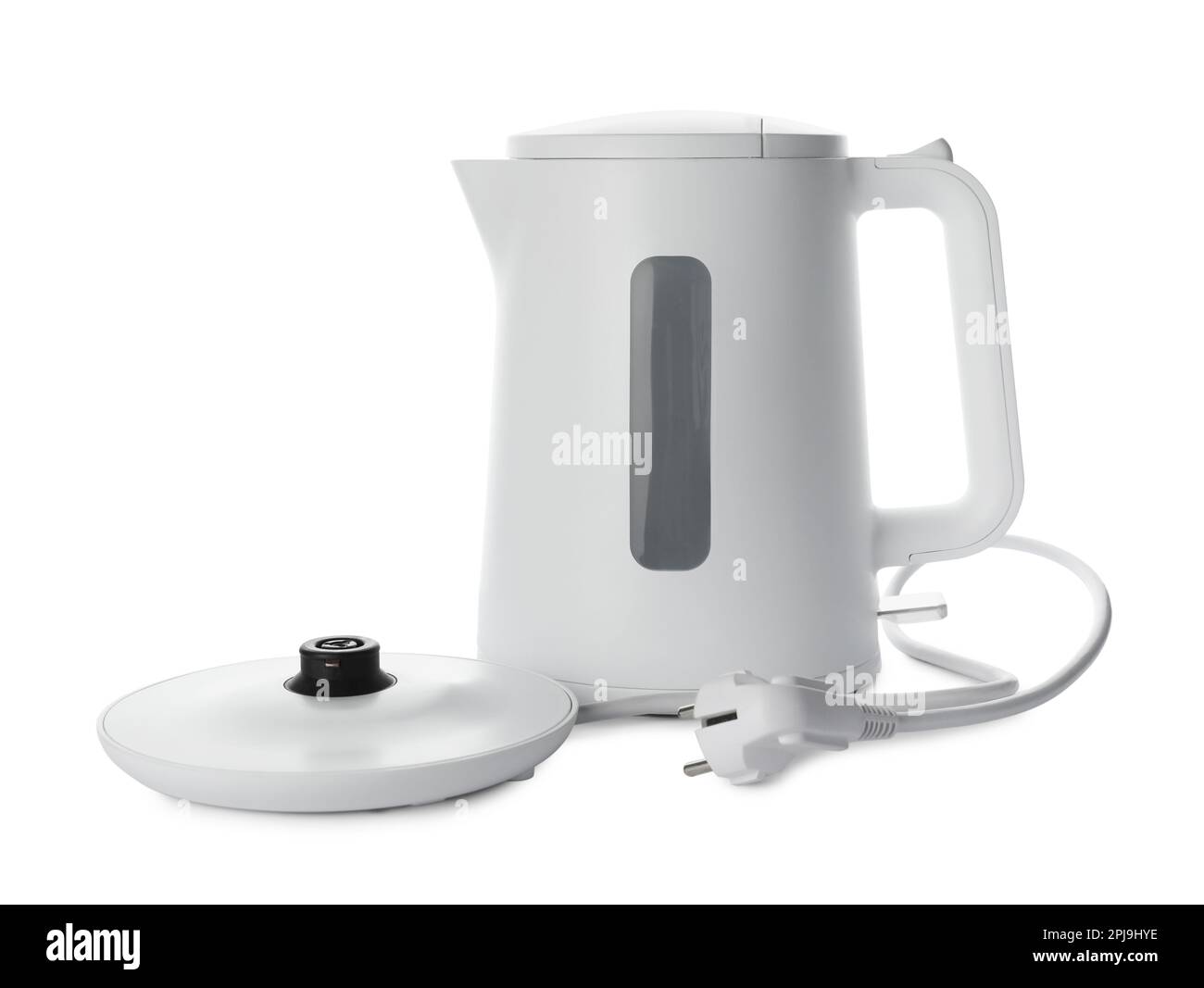 Modern electric kettle with base and plug isolated on white Stock Photo ...