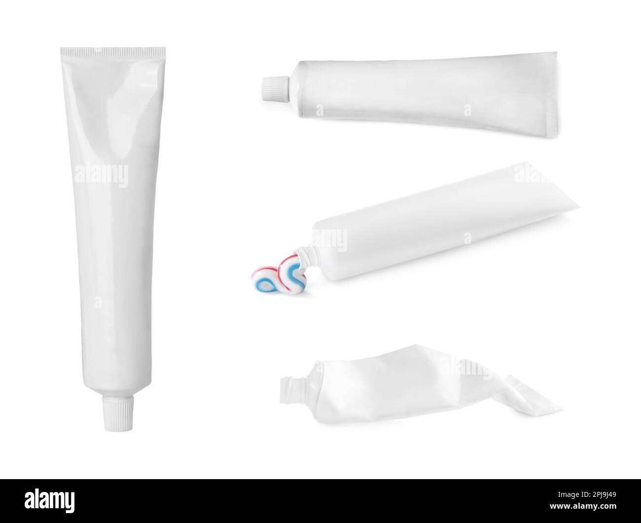 Collage with different toothpastes on white background Stock Photo - Alamy
