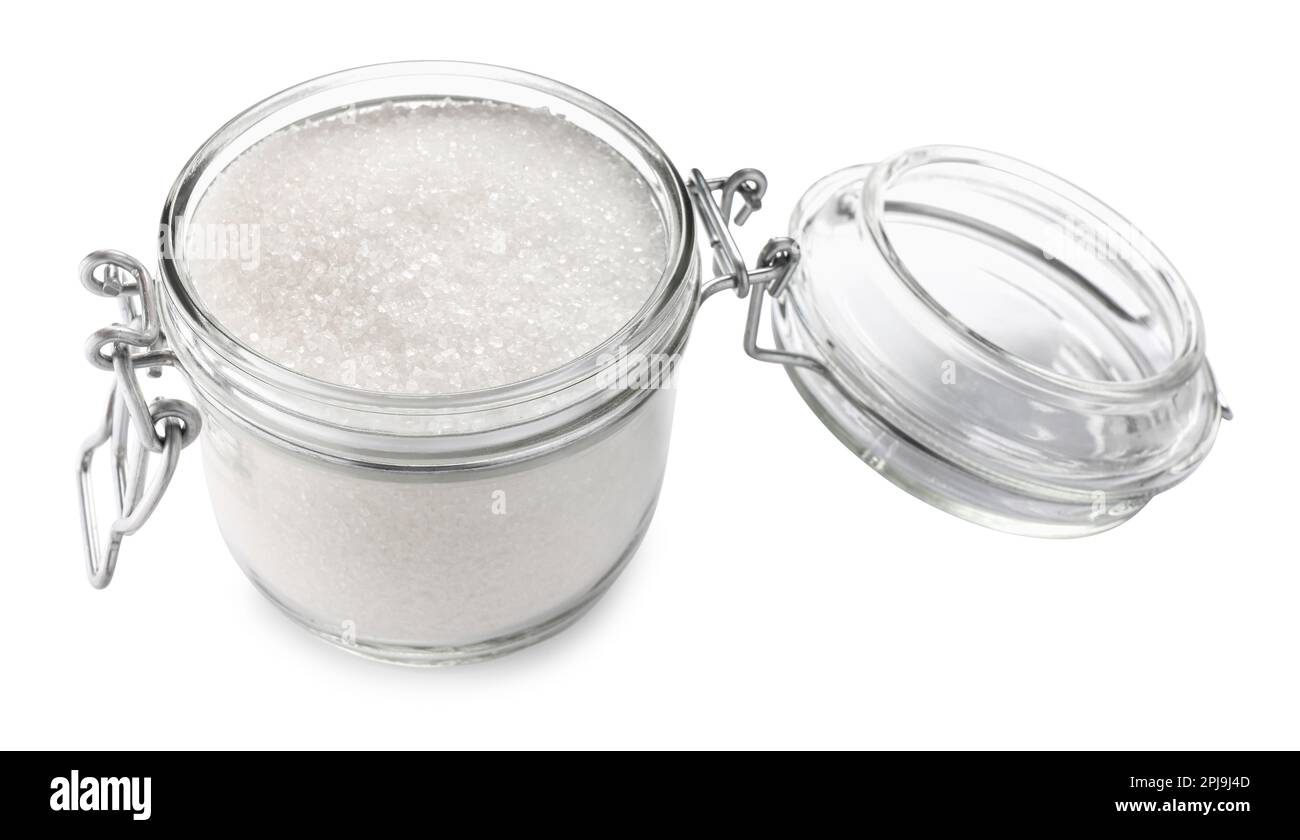 Granulated sugar in glass jar isolated on white Stock Photo - Alamy
