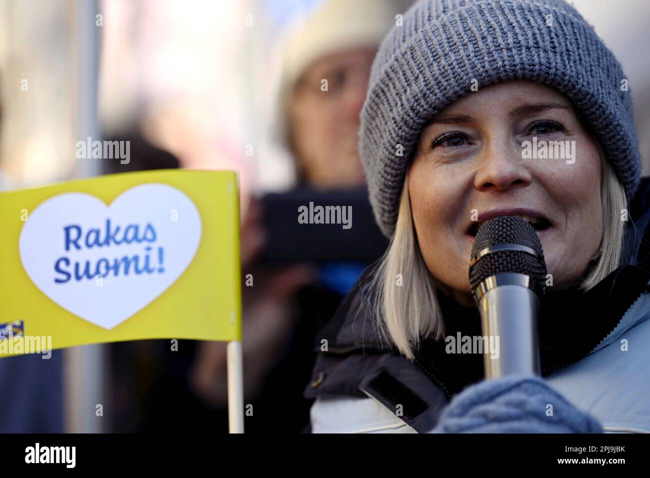 Chairperson of Finns Party Riikka Purra speaks during a campaign event ...