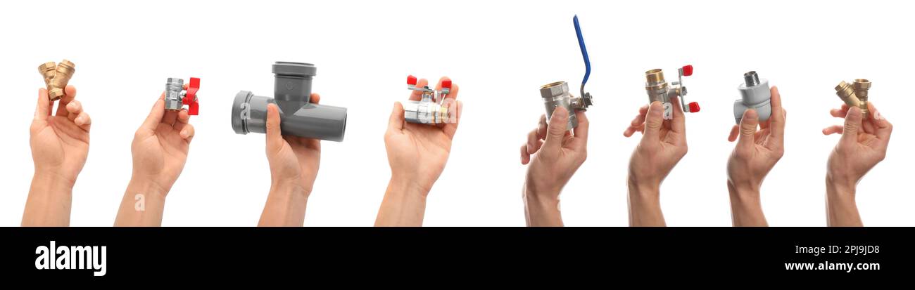 Collage with photos of plumbers holding different valves and pipe ...