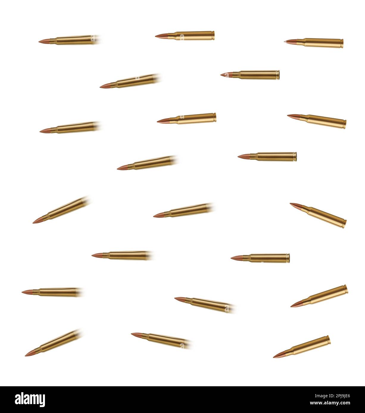 Many bullets falling on white background. Firearm ammunition Stock ...
