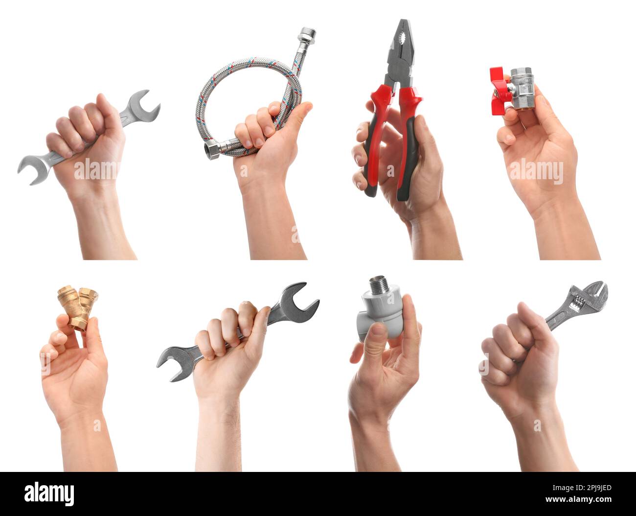 Collage with photos of men holding different plumbing tools on white ...