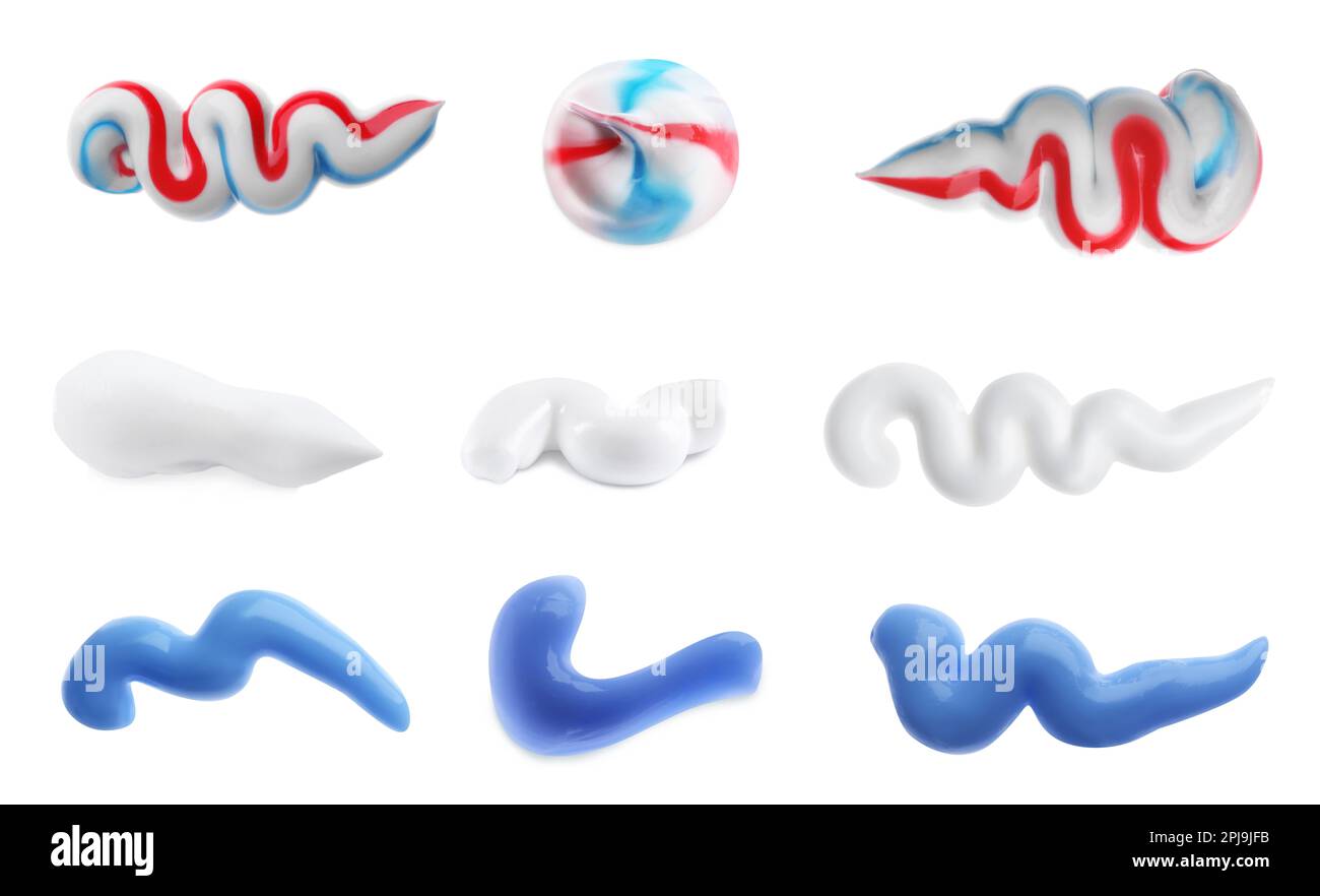 Set with smears of toothpaste on white background Stock Photo - Alamy
